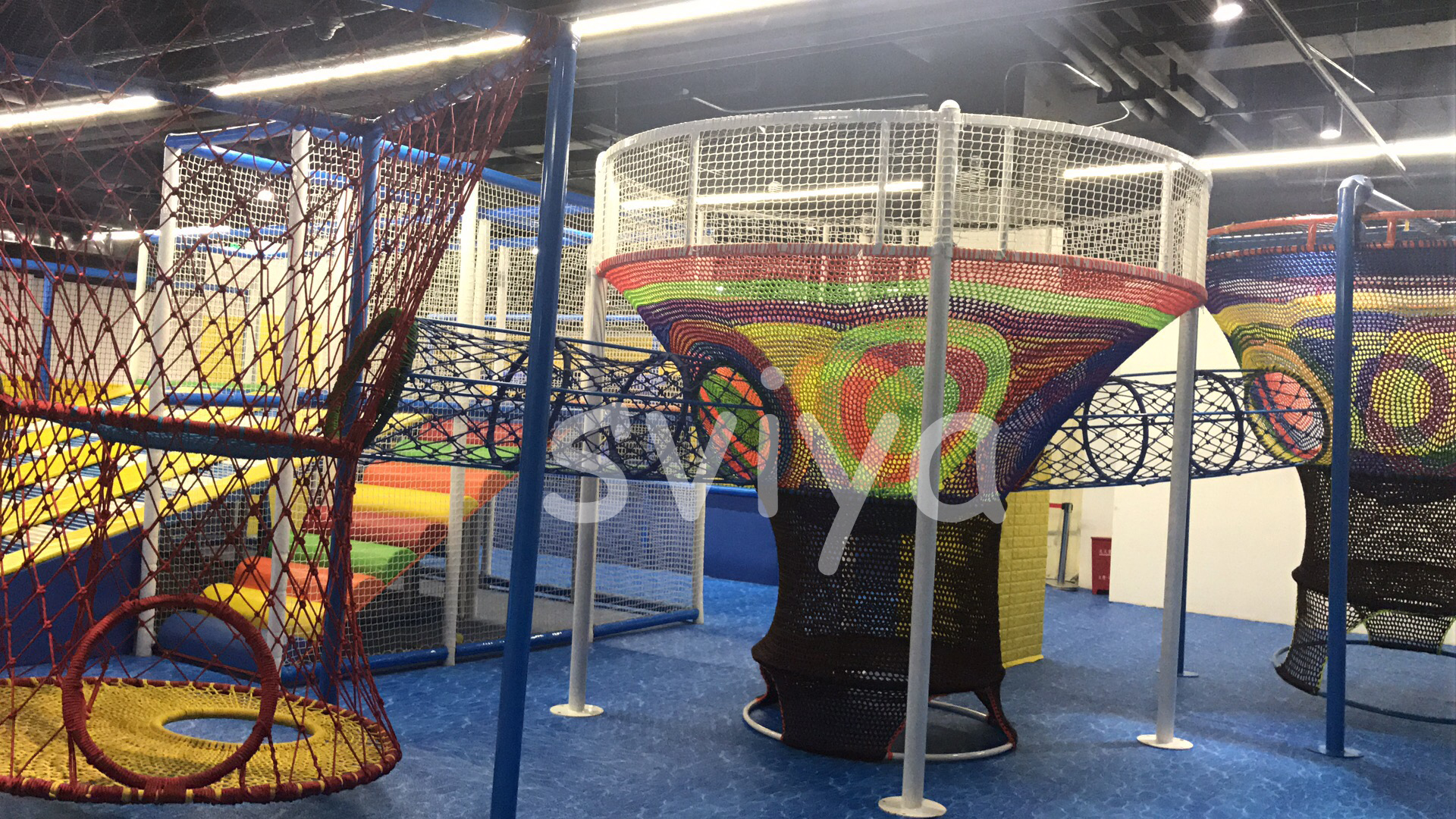 Trampoline Park With PE Climbing Wall, Doughnut Slide and Rainbow Crawl ...